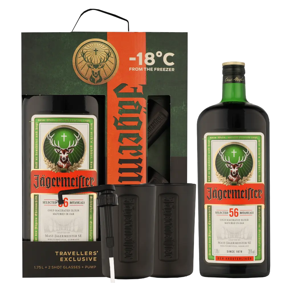 JAGERMEISTER PARTY PACK 1 PUMP + 2 SHOT GLASSES 1750ML - Bodega Mi Amiga